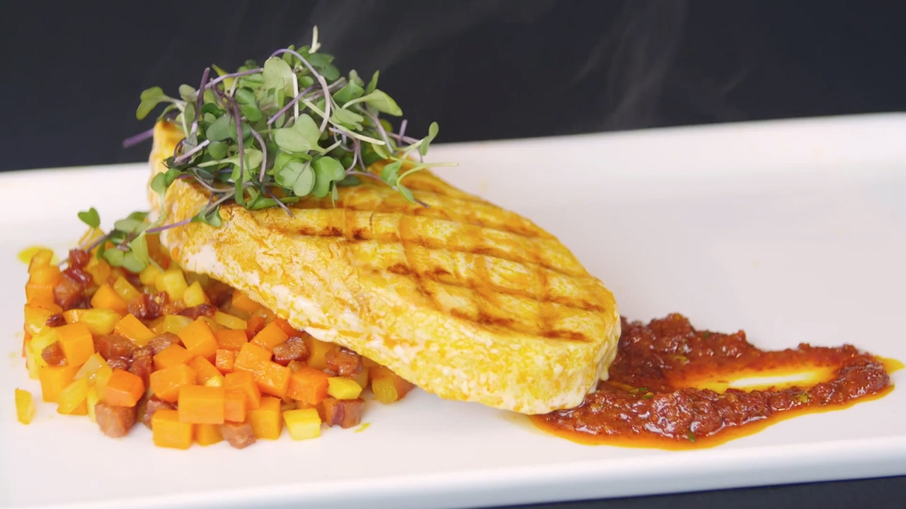 Grilled Swordfish with Chorizo and Root Vegetable Hash